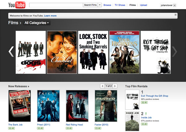 YouTube brings movies to the UK